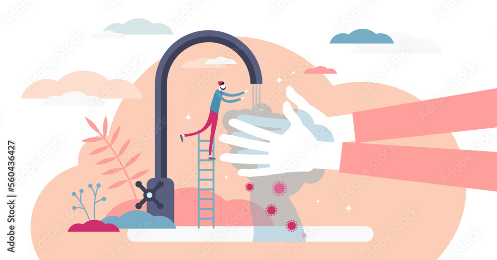 Washing hands concept, flat tiny person illustration with water tap and ...