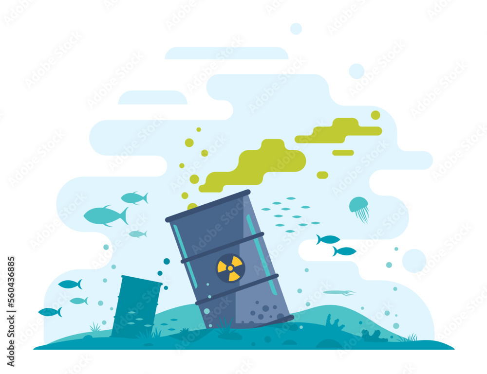 Barrel of toxic radioactive waste on the ocean floor with fish in ...