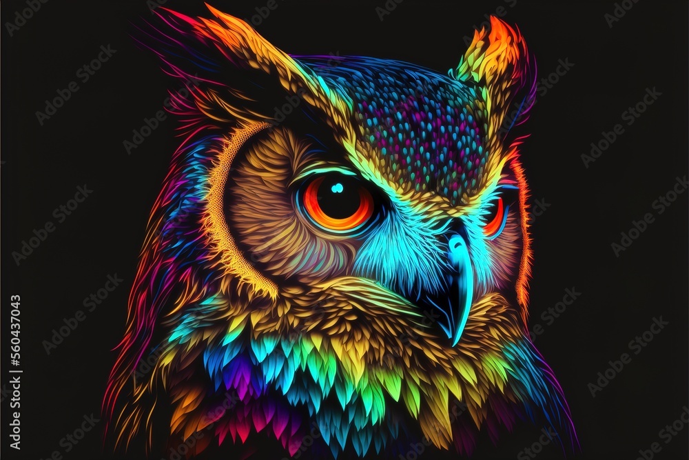 Abstract, neon, graphic portrait of an owl in the style of pop art on a ...