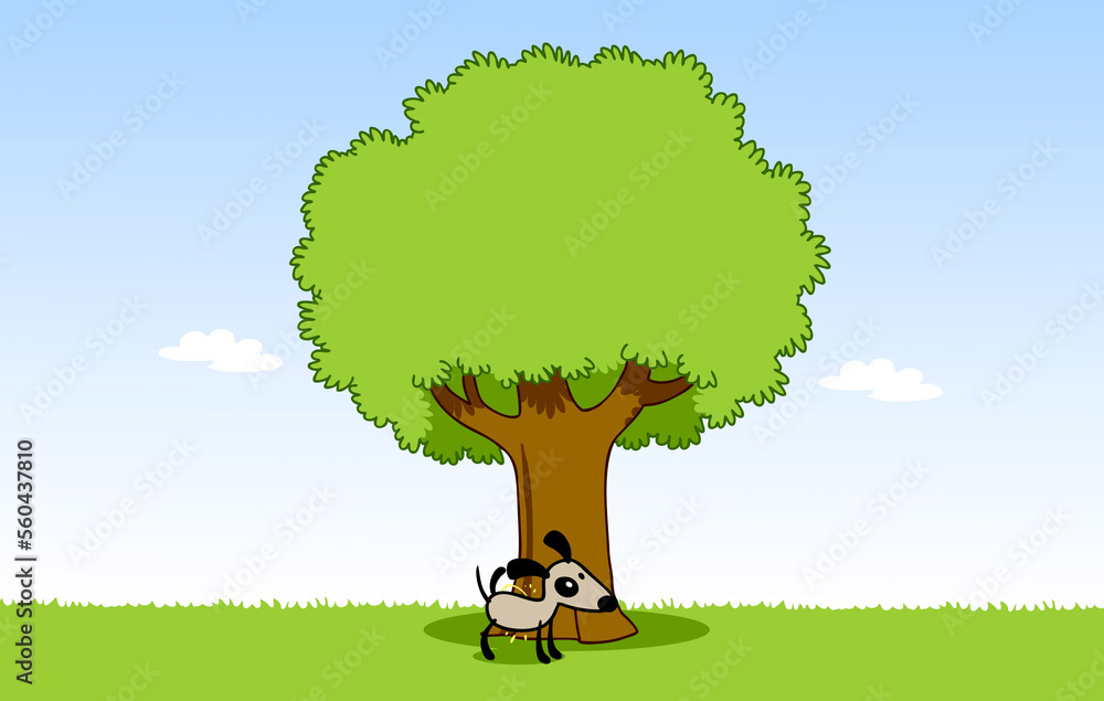 Small cartoon dog peeing urine on tree in garden Stock Illustration ...