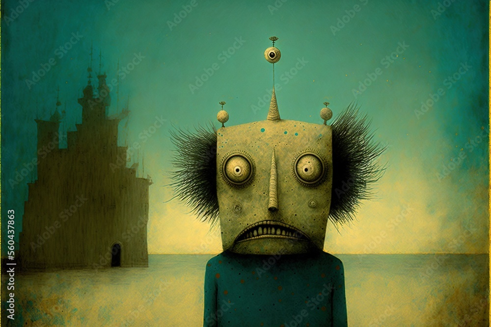 Illustrazione Stock a painting of a weird looking robot with a weird ...