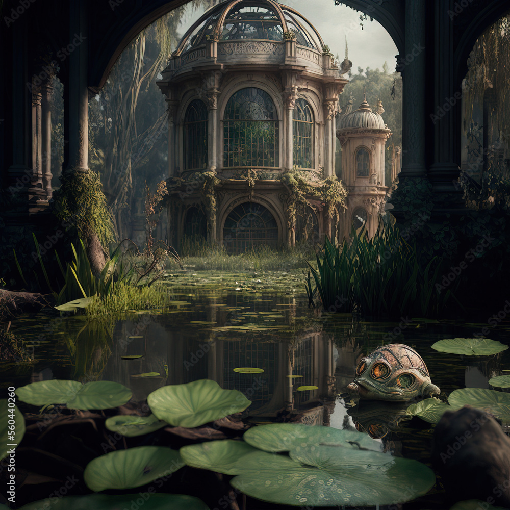 Old building tower in a fantasy swamp. Ancient architecture. Generative ...