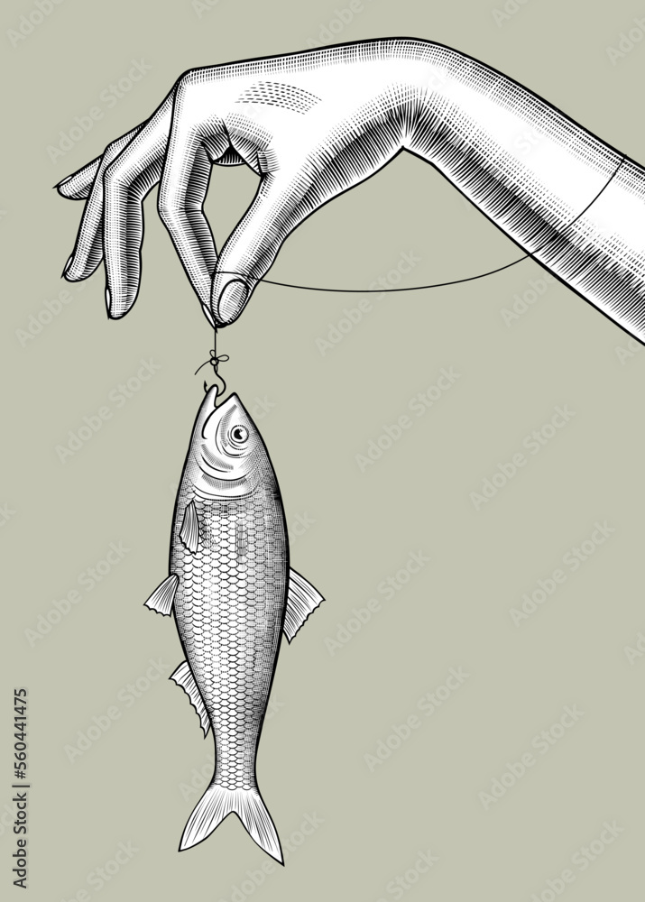 Vintage engraving stylized drawing of female hand holding on a hook a ...