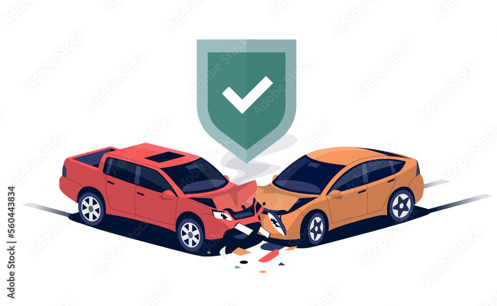 Two damaged car collision. Insurance protection shield sign impact ...