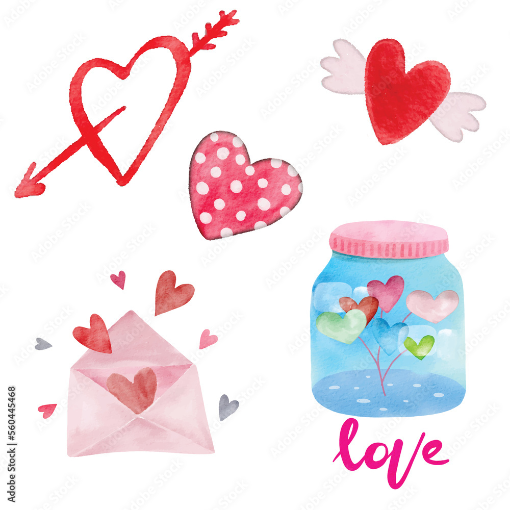 Love objects. Many various romantic objects. . Watercolor illustration ...