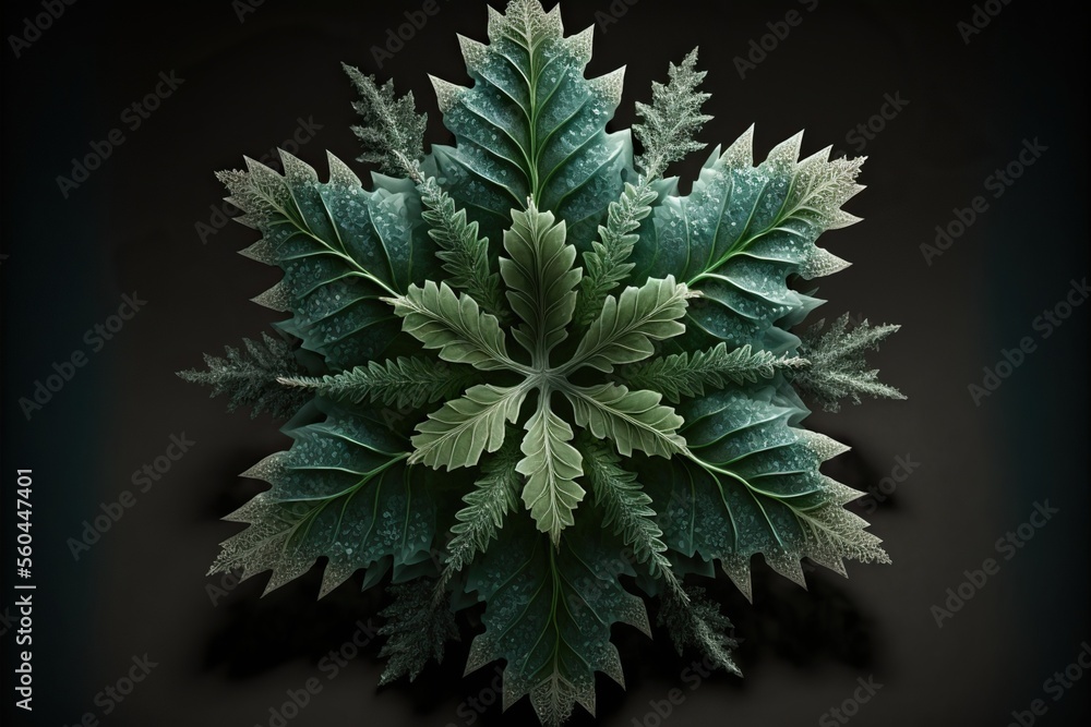 Snowflake made of green foliage, on a blurred background, created with ...