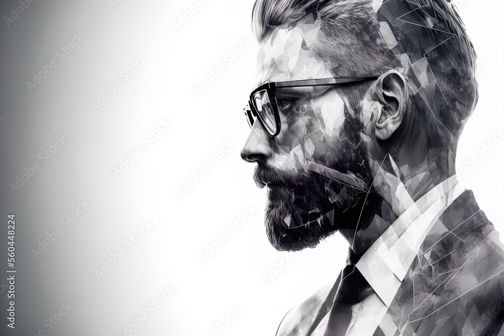 Modern banker with a beard wearing glass, photographed in white ...