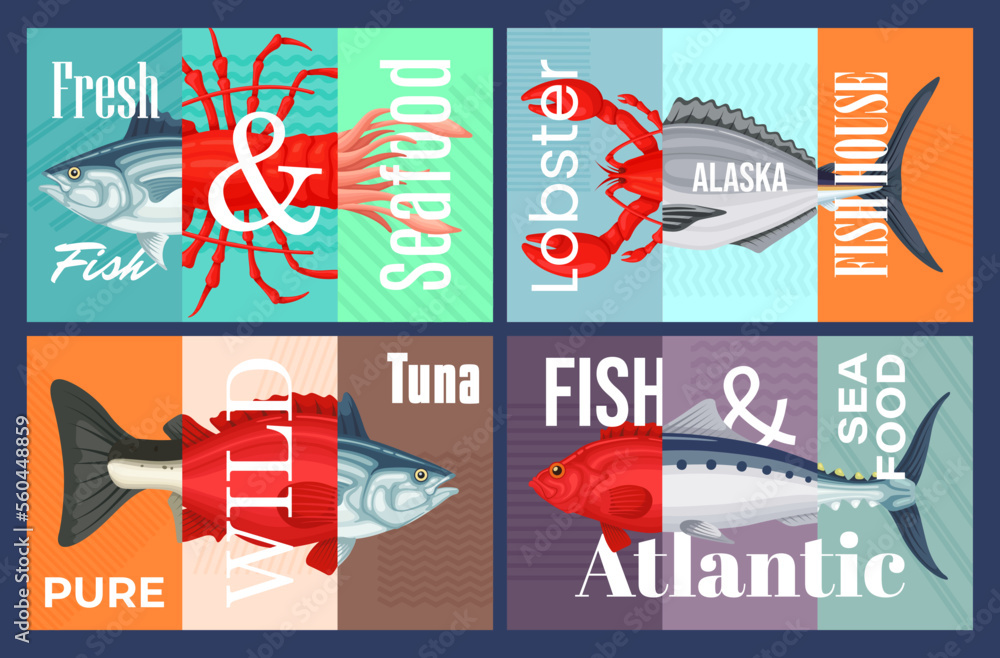 Fish seafood banner restaurant cafe advertising menu set vector flat ...