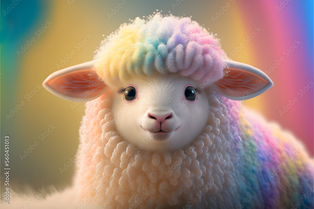 cute fluffy rainbow baby sheep, smiling, kids pastel color background ...