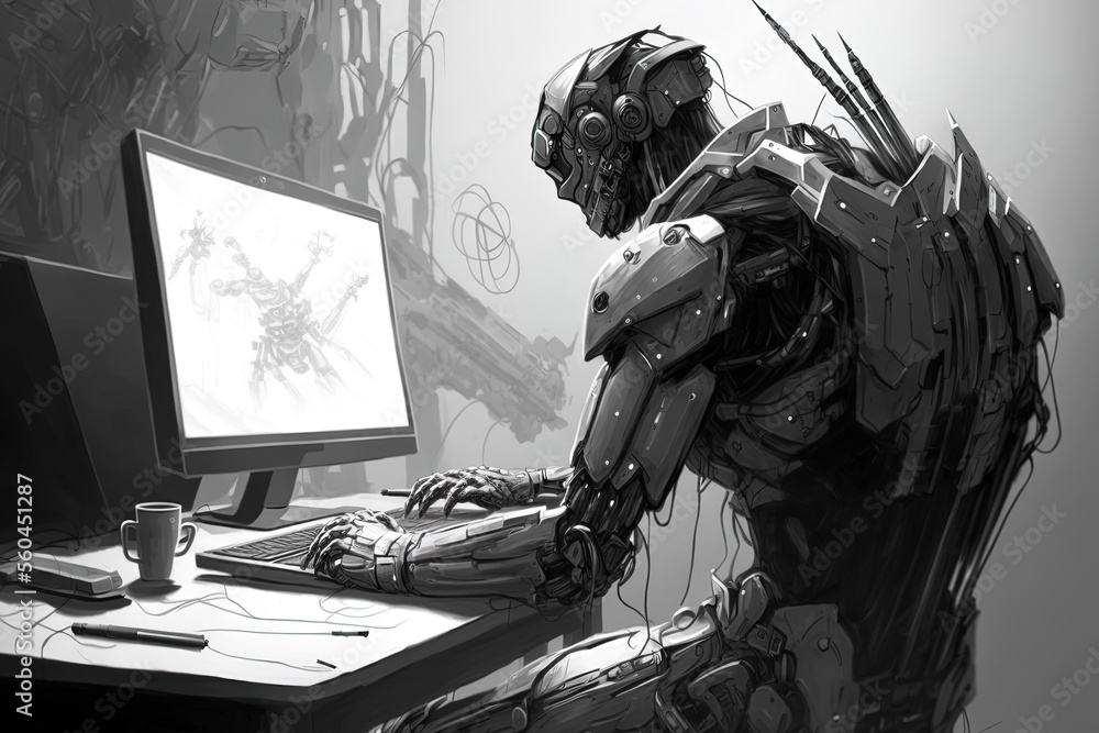 The illustrator draws sketches of robot computer game characters. The ...
