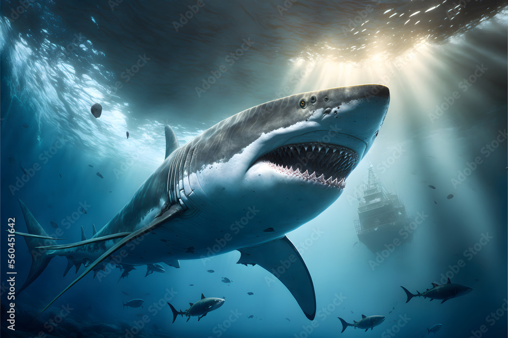 a great white shark fish underwater, deep ocean background ...