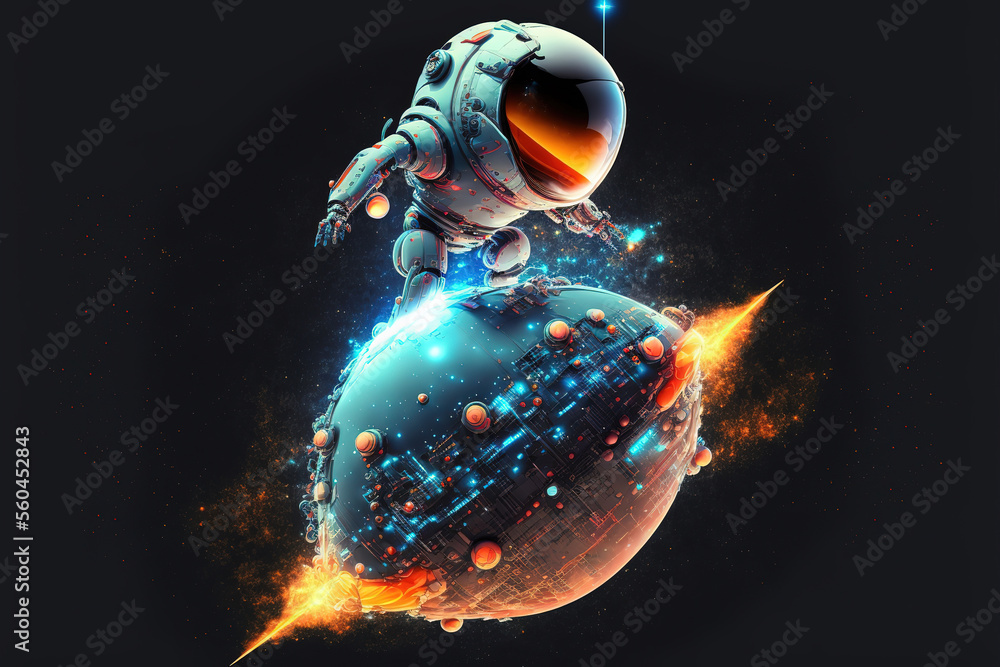 Robot standing on smart city. Cyborg work with virtual abstract ...