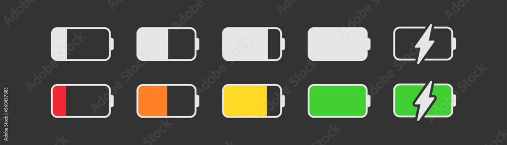Battery icon set on dark background. UI sign. Accumulator level ...
