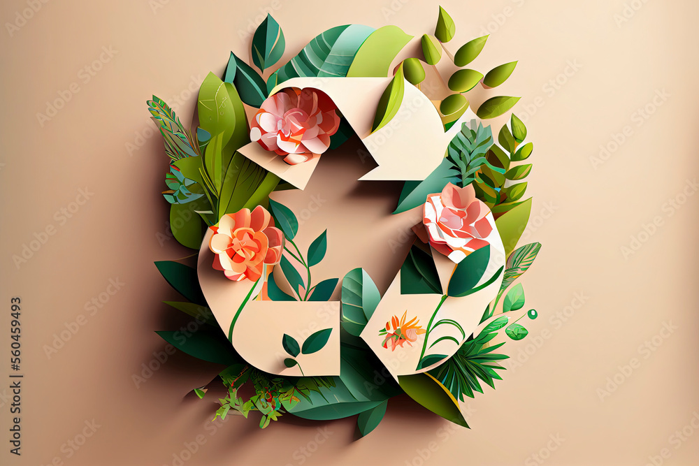 Recycle sign with leaves and flowers inside Stock Illustration | Adobe ...