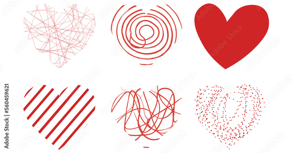 Set of 6 different simple red hearts on transparent background for ...