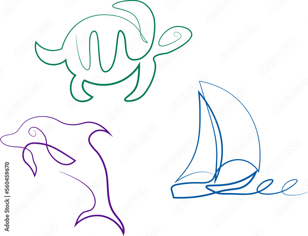 Set of sea animals and sailboat one line drawing Stock Vector | Adobe Stock