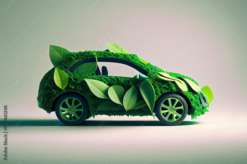 Green eco car concept made up of green leaves, 3D illustration,white ...