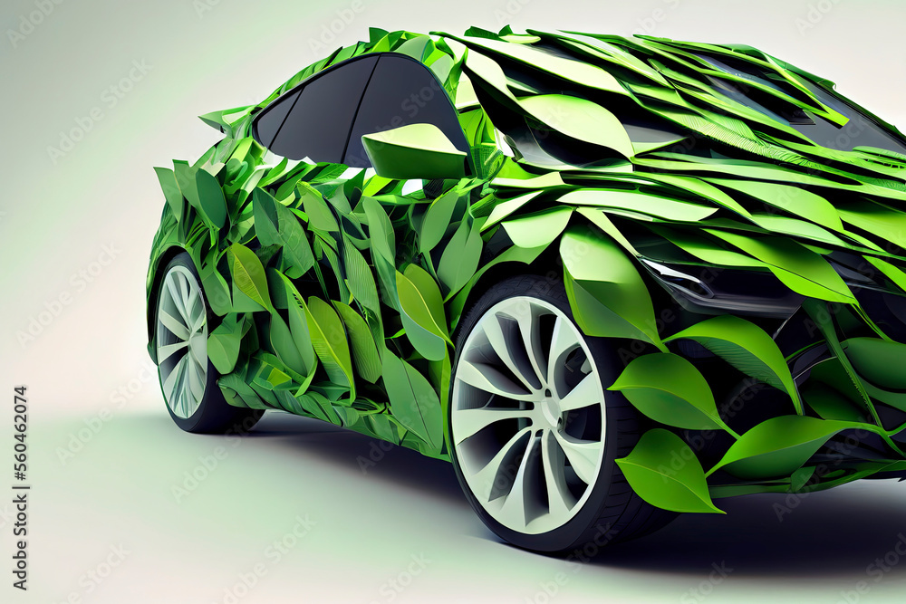 Green eco car concept made up of green leaves, 3D illustration,white ...