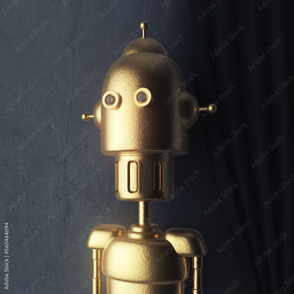 3d realistic chrome metal robot portrait in cartoon futuristic retro ...