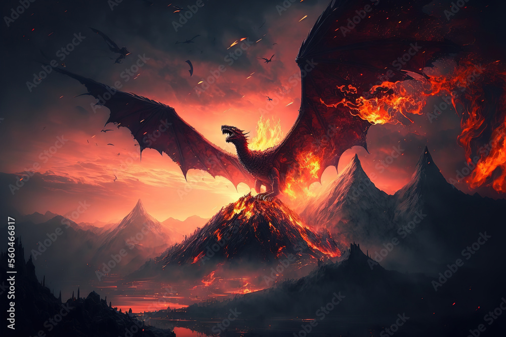 Fire breathes explode from a giant dragon in a black night, the epic ...