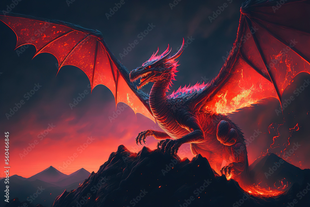 Fire breathes explode from a giant dragon in a black night, the epic ...