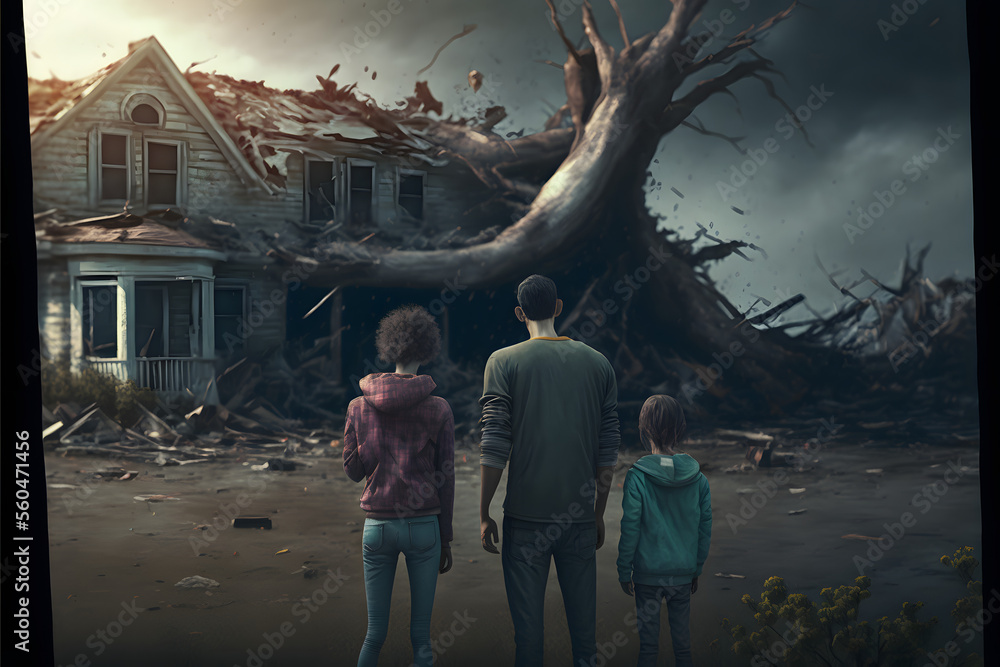 Family in front of their destroyed house after storm illustrating ...