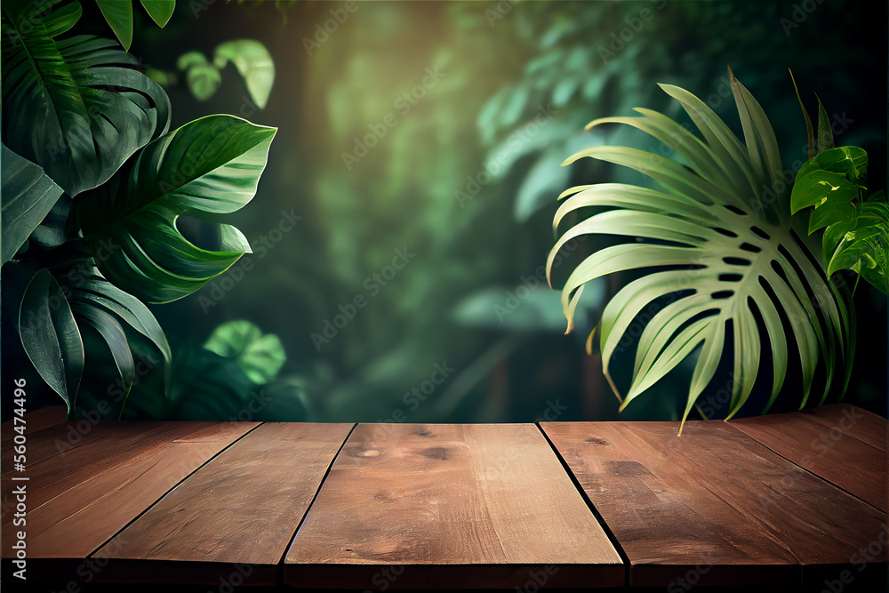 Tropical background with a wooden table on the forefront and lush ...