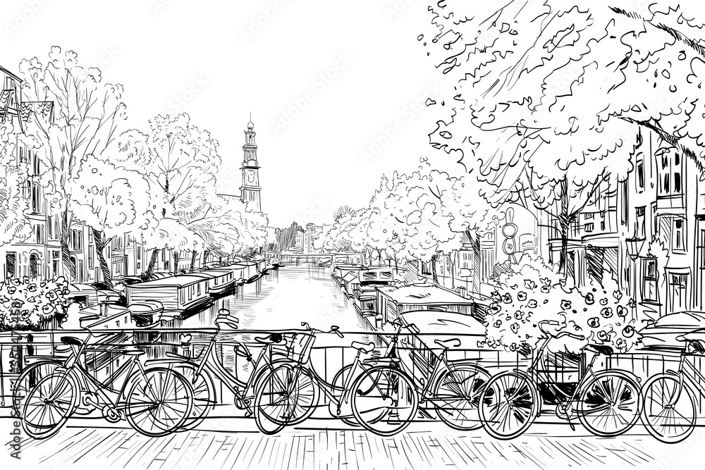 City drawing sketch. Holland. Netherlands. Hand drawn vector art ...
