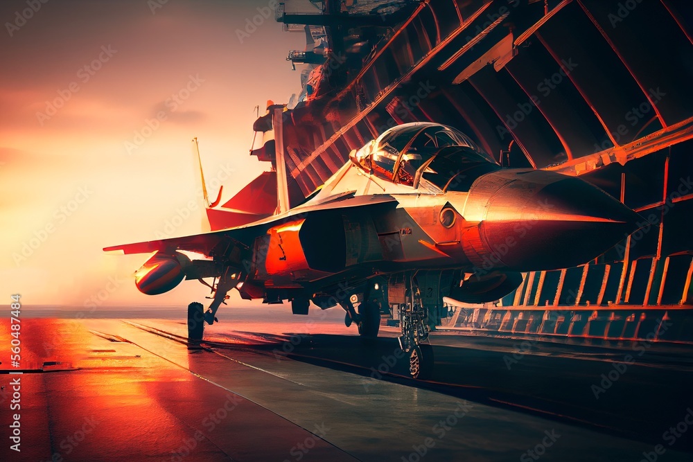 Military aircraft stands in the hangar. Military fighter aircraft on an ...