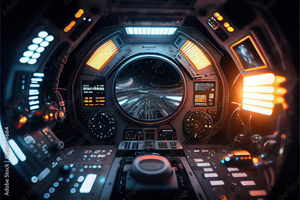 View from the cockpit of a spaceship captain rushing through space at ...