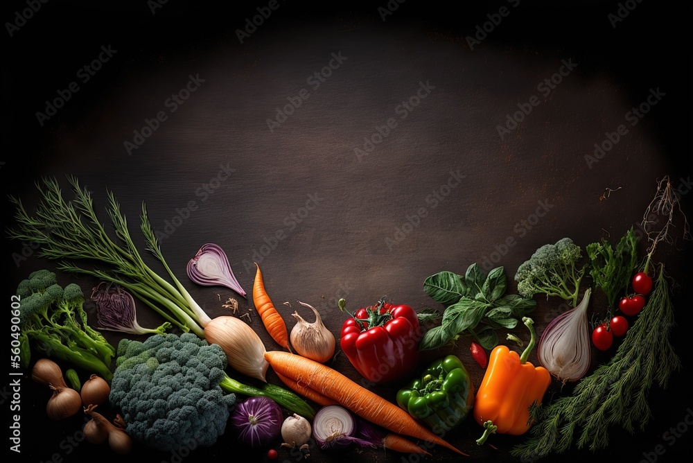 organic food dark background with fresh veggies and room for your ...