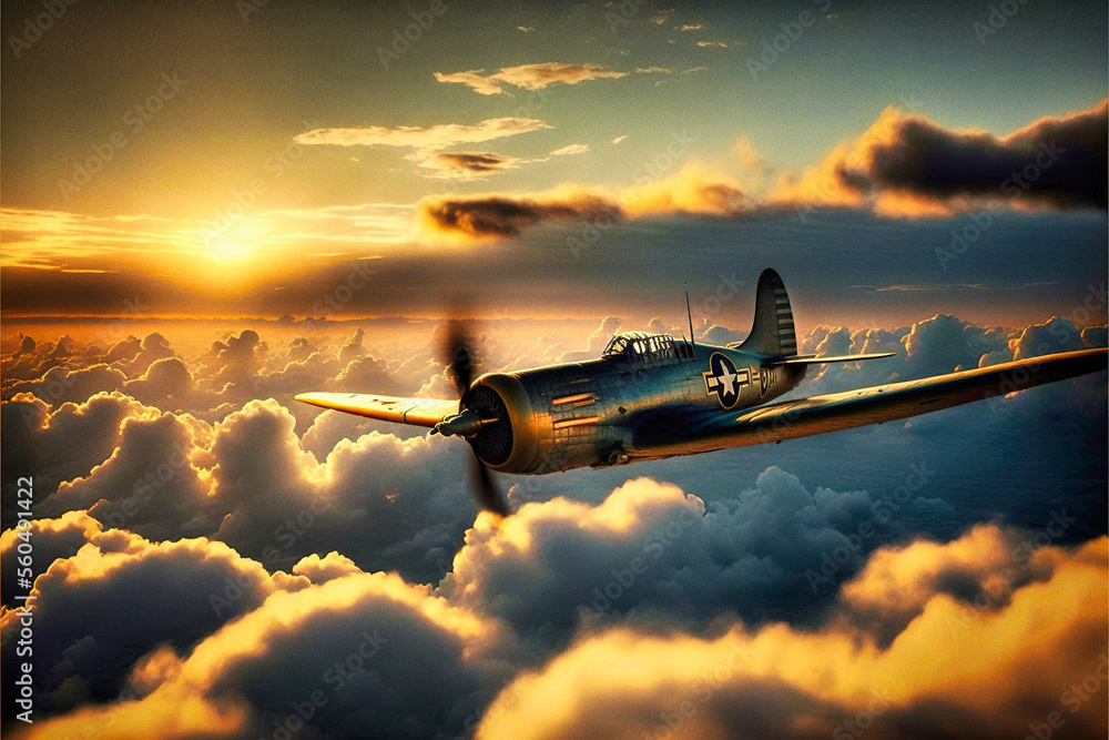 WWII plane in the sky Stock Illustration | Adobe Stock