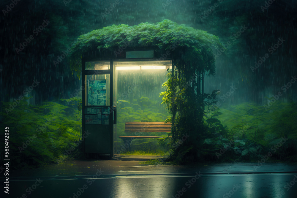A bus stop in heavy rain surrounded by overgrown vegetation. Abandoned ...