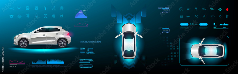 Futuristic car user interface. Smart car panel on HUD digital ...