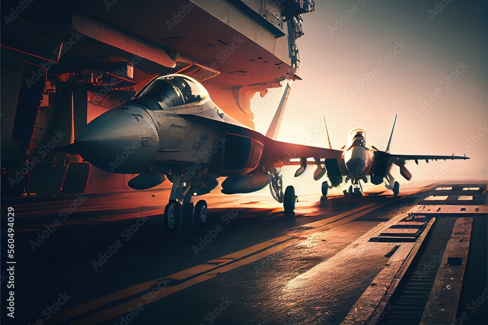 Military aircraft stands in the hangar. Military fighter aircraft on an ...