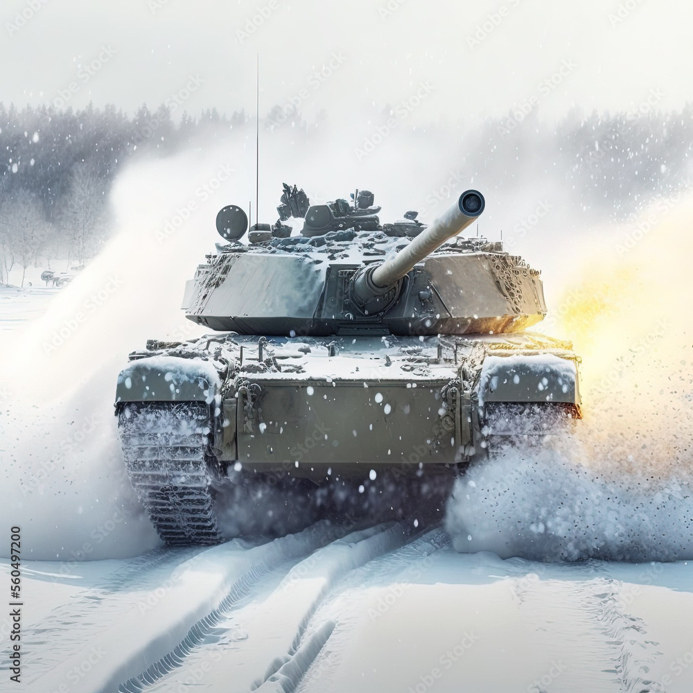 ภาพประกอบสต็อก Modern main battle tank drives through the winter ...