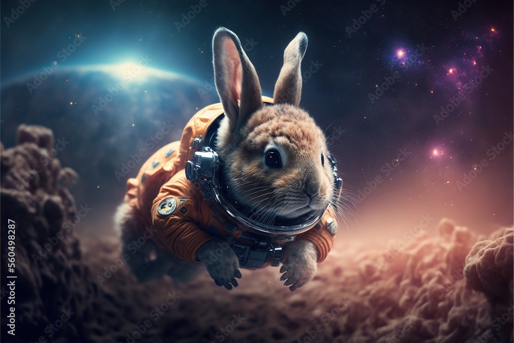 a rabbit in an astronaut suit floating in space with a planet in the ...