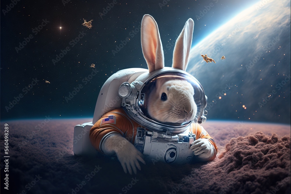 a rabbit in an astronaut suit is sitting on the ground in space with a ...