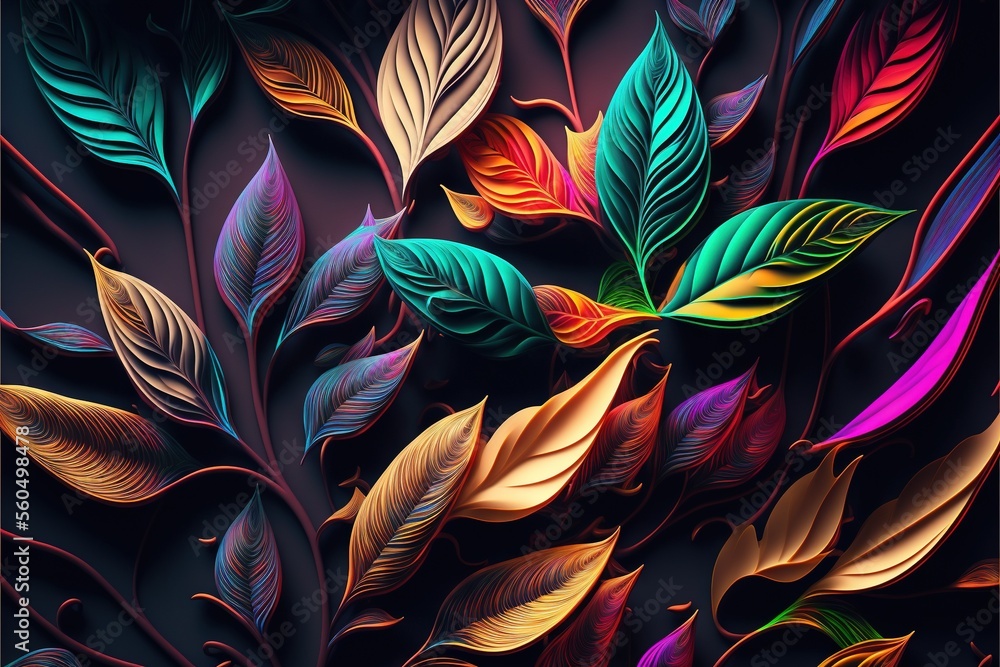 a colorful painting of leaves on a black background with a red frame ...