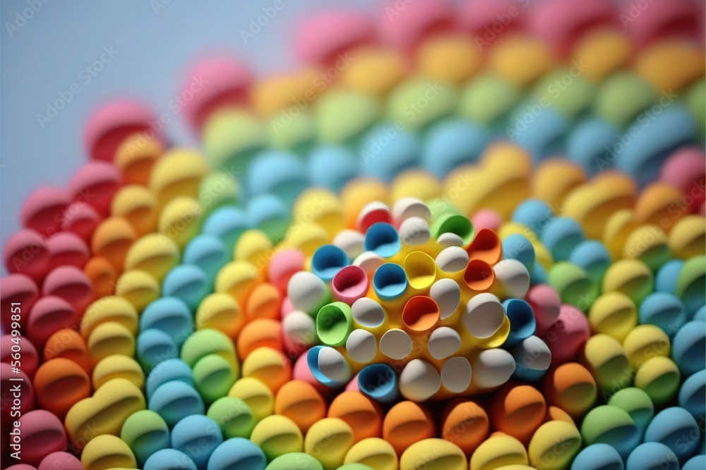 a colorful object made of plastic beads on a table top with a blue ...