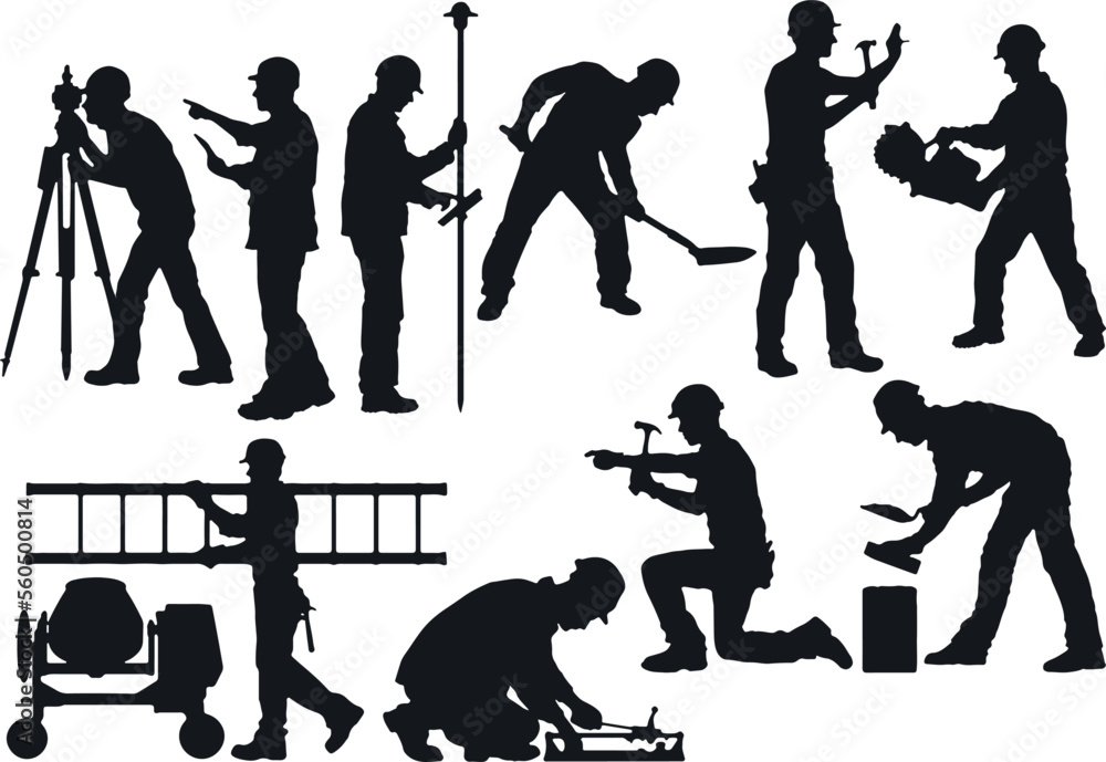Silhouette of builders in different poses at work. People work with ... Silhouette of builders in different poses at work. People work with ...