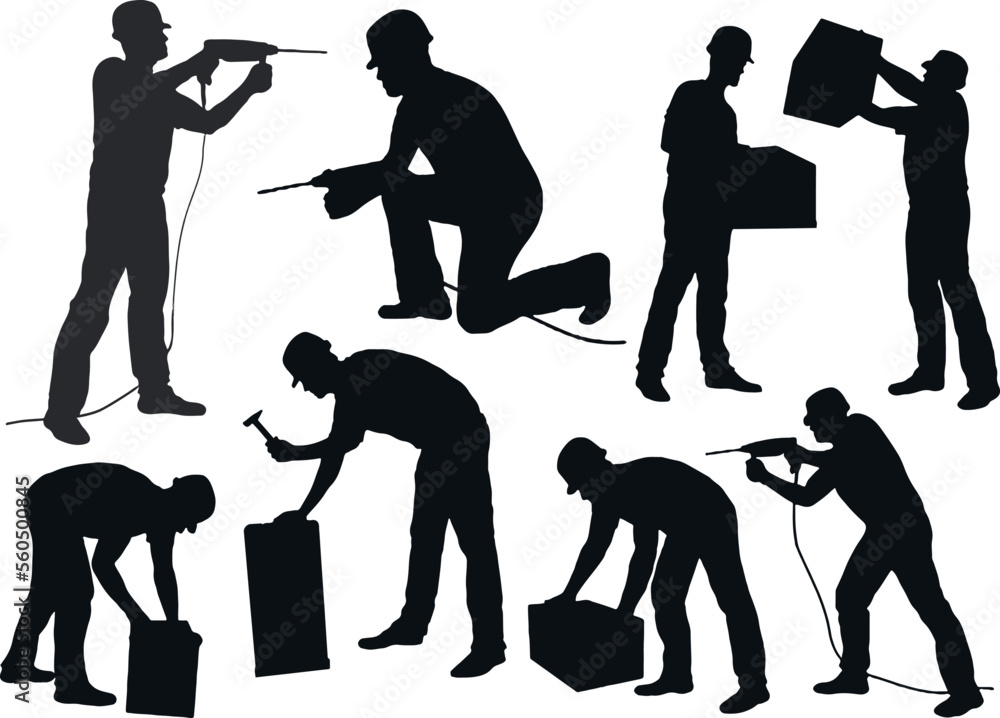 Silhouette of builders in different poses at work. People work with ... Silhouette of builders in different poses at work. People work with ...
