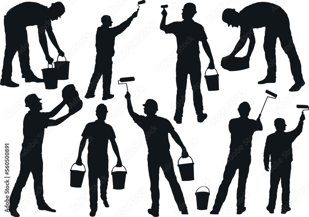 Silhouette of builders in different poses at work. People work with ... Silhouette of builders in different poses at work. People work with ...