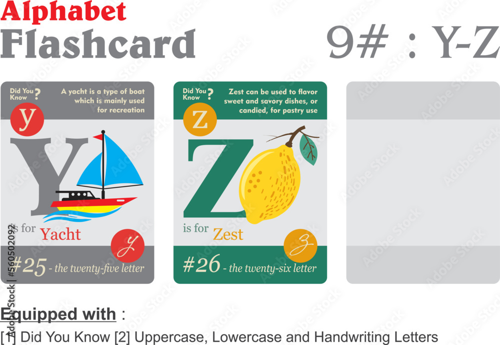 Flashcard alphabet Y Z in 3 different color with information vector ...