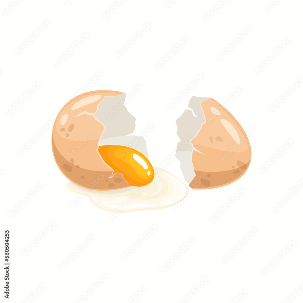 Cartoon chicken egg with broken shell and raw oozing yolk and glair ...