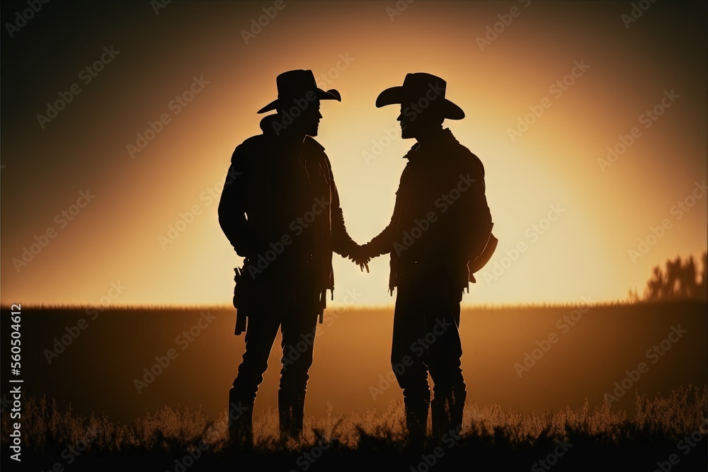 two men in cowboy hats are standing in a field at sunset with the sun ...