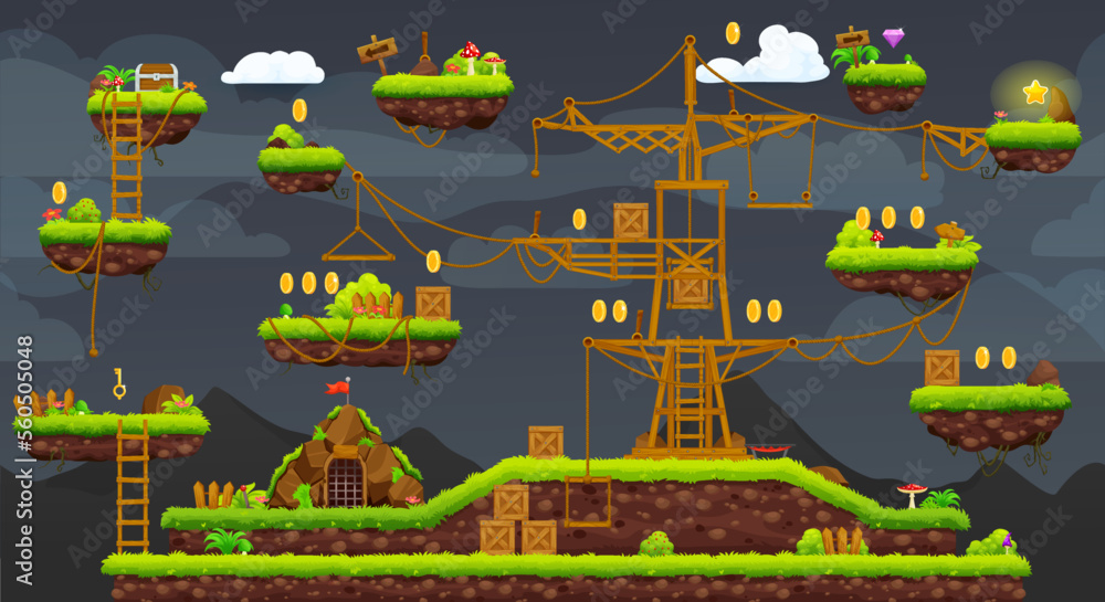2d Arcade Game Night Level Map Interface Platform Stairs Coins