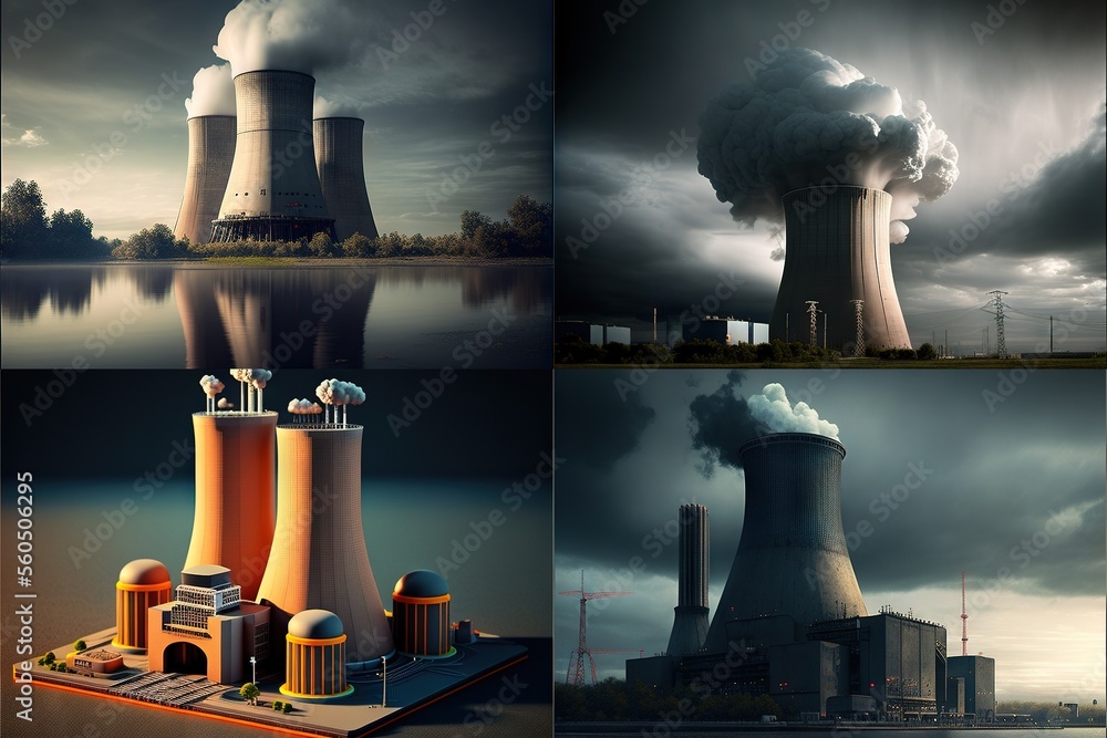 a series of photos showing a nuclear plant and a factory with smoke ...
