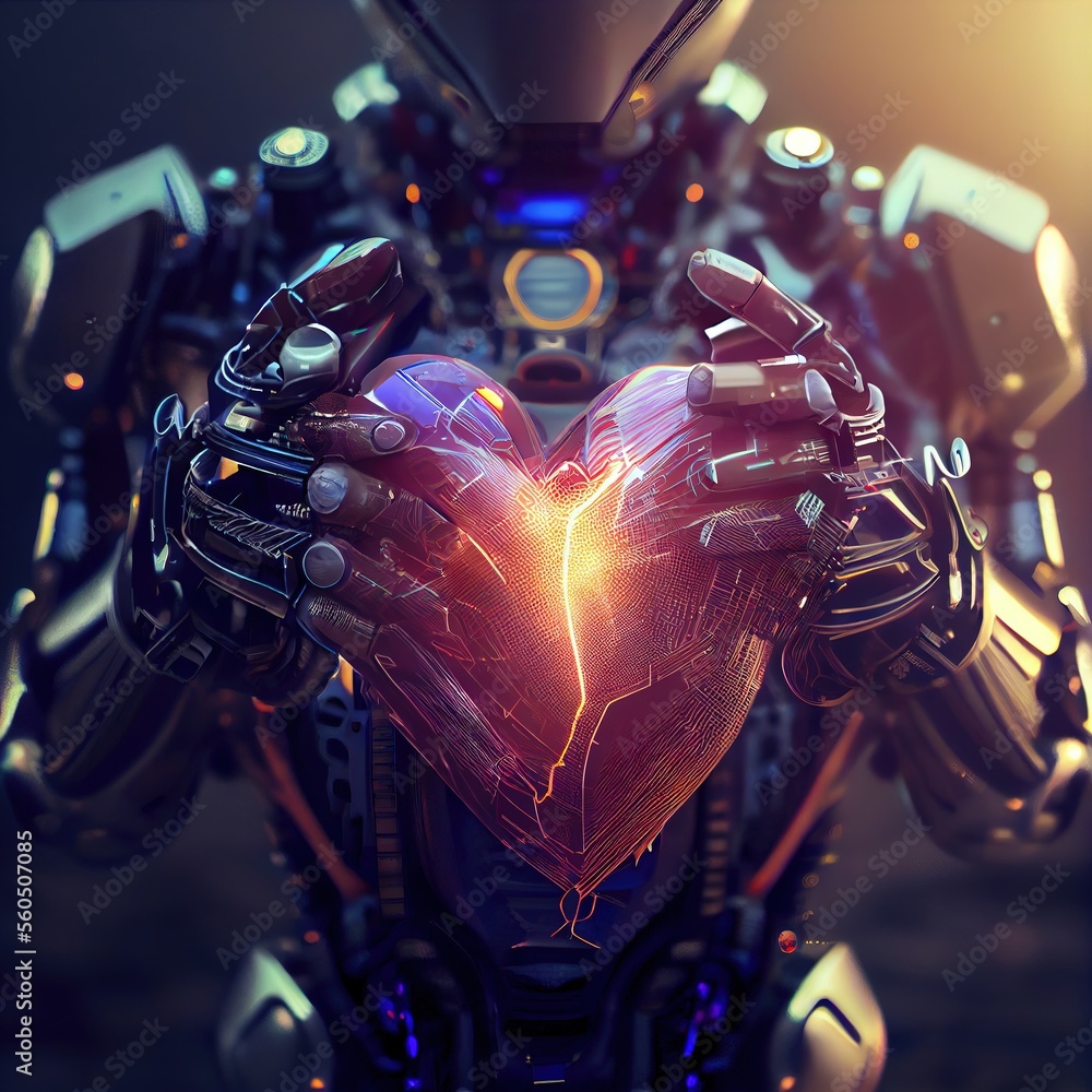Portrait of a futuristic robot with a mechanical heart in his hands. An ...