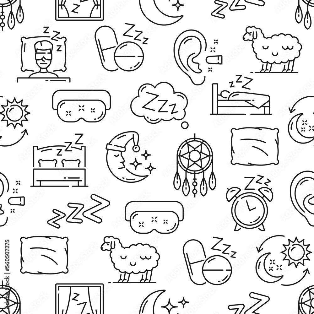 Sleep items seamless pattern, night dreams and bedtime vector ...